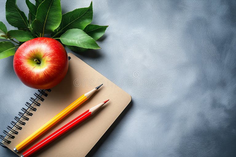 Back To School Essentials with Fresh Apple, Colored Pencils, and ...