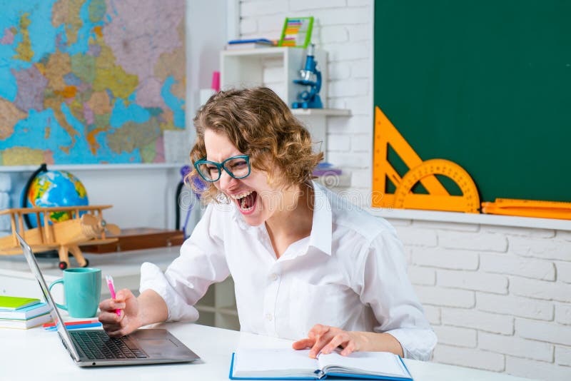 Back To School. Excited Screaming Teacher. Online Education, Knowledge ...