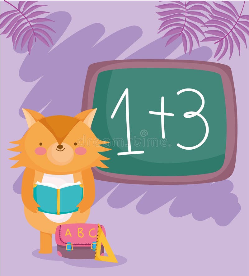 Back To School, Fox Reading Book with Bag Ruler Chalkboard Stock Vector ...