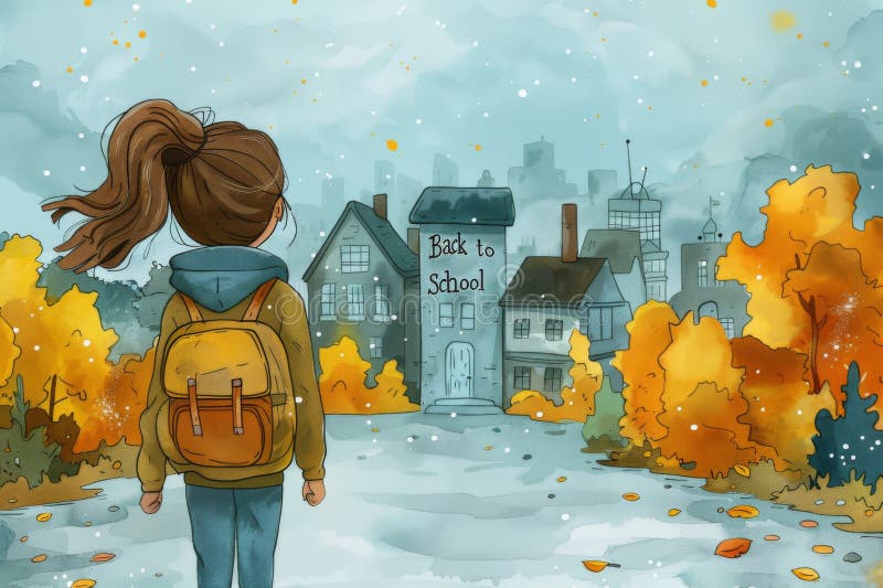 Back To School. School Girl with Backpack Going To School, Watercolor ...