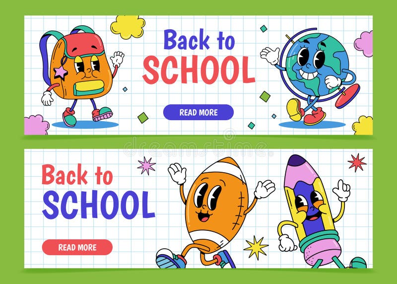 Back To School Hand Drawn Cartoon Banner Set Stock Illustration ...