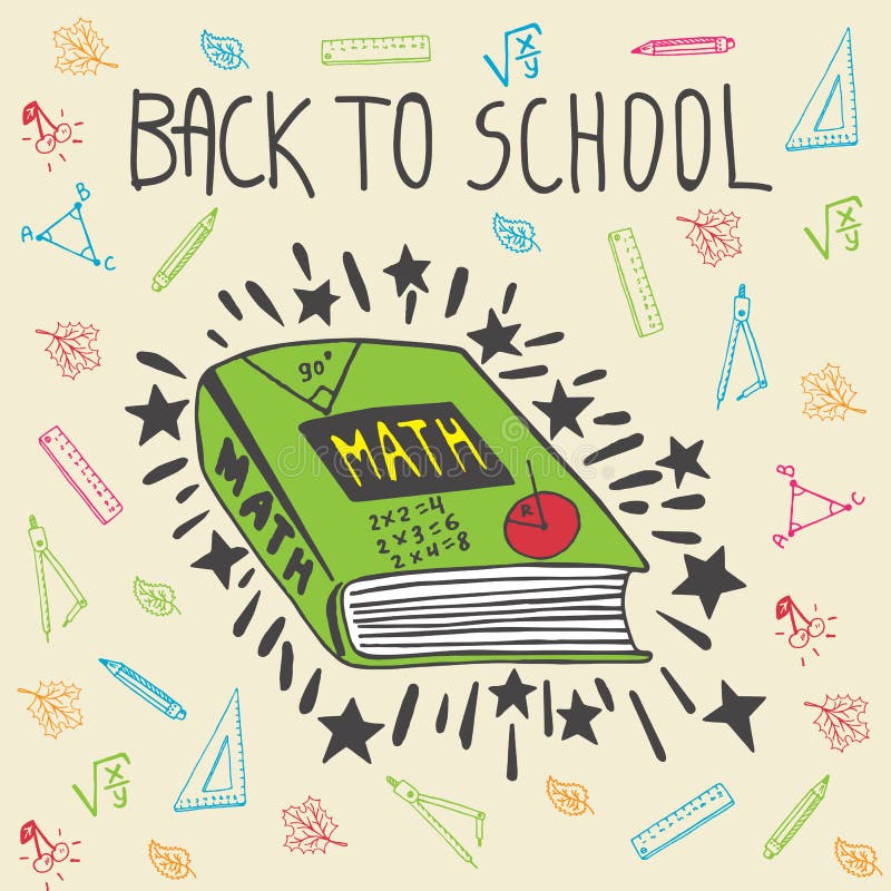 Back To School Hand Drawn Doodle Card with Math Textbook Stock ...