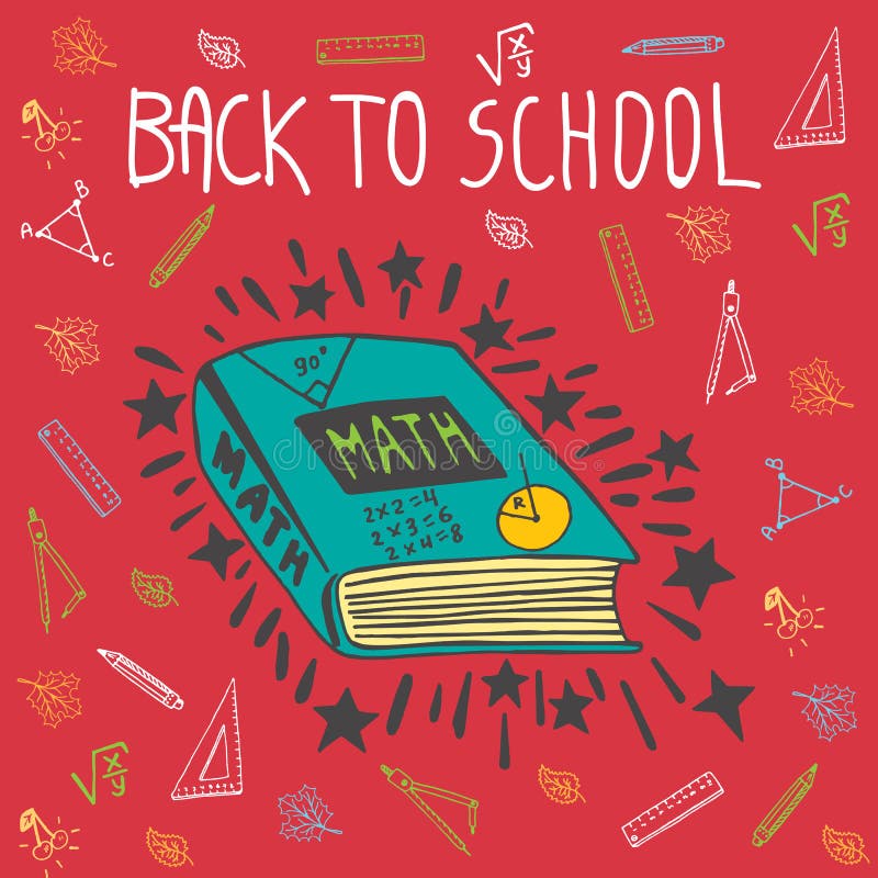 Back To School Hand Drawn Doodle Card with Math Textbook Stock ...
