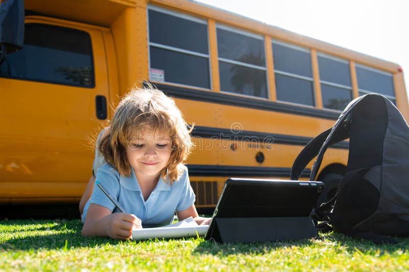Back To School. Happy Child Study in Park. School Boy Doing Homework or ...