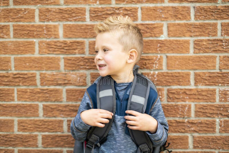 A Back To School. Happy Little Boy with Backpack Stock Photo - Image of ...
