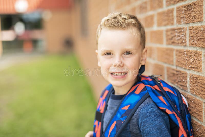 A Back To School. Happy Little Boy with Backpack Stock Photo - Image of ...