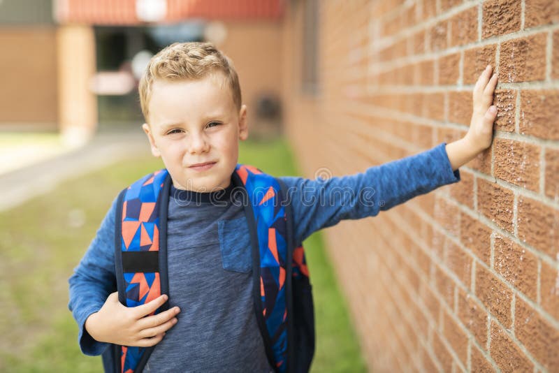A Back To School. Happy Little Boy with Backpack Stock Image - Image of ...