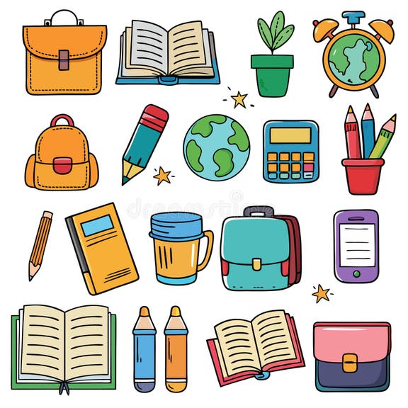 Cartoon School Supplies and Book Illustrations Set Colorful Back To ...