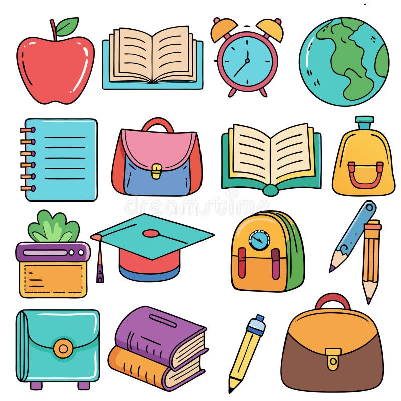 Colorful School Supplies Cartoon Illustration, Multicolored Icons ...