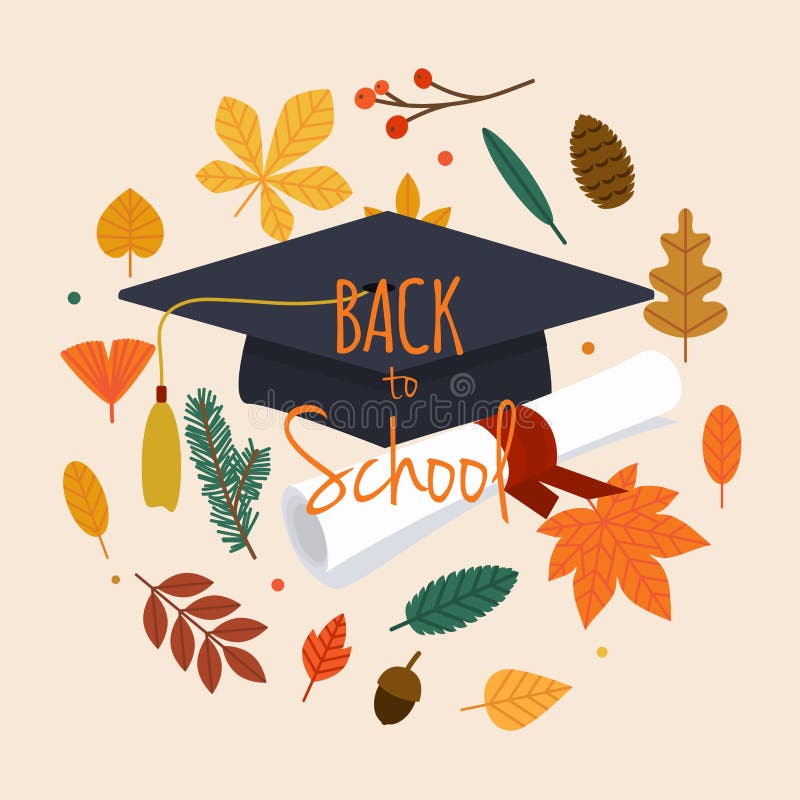 Back To School Illustration with Graduation Cap, Diploma and Autumn ...