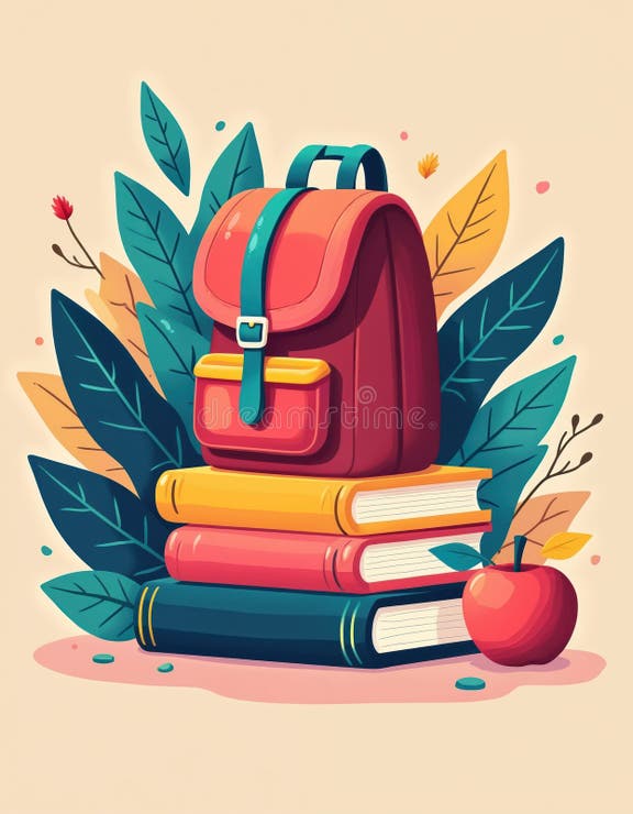 Back To School Illustration with Pile of Books, Backpack and Apple ...