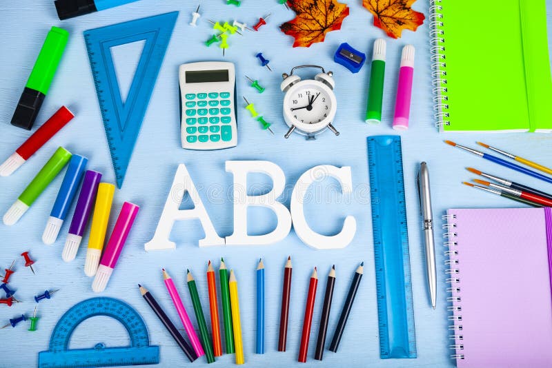 Items for the School and Letters ABC on a Wooden Table Stock Photo ...