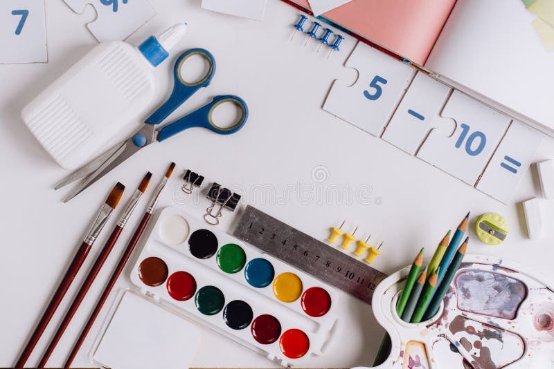 Items for the School on a White Wooden Table Stock Photo - Image of ...
