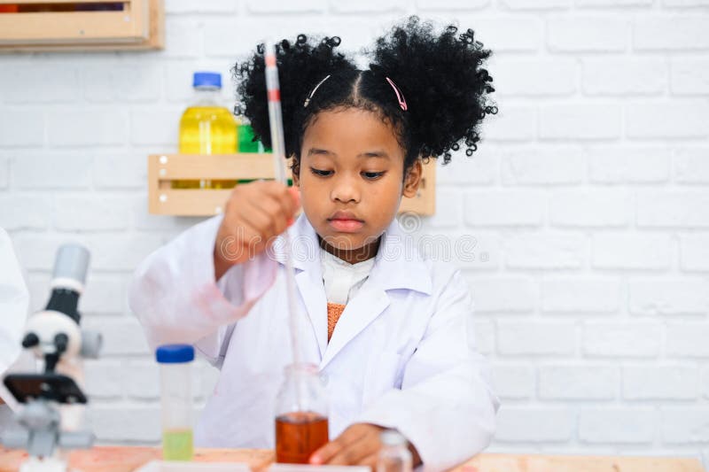 Child in Classroom at School, Kid Dressed Science Lab Coat. Science ...