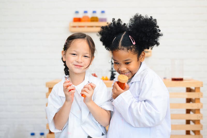 Child in Classroom at School, Kid Dressed Science Lab Coat. Science ...