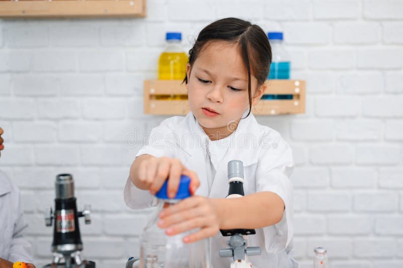 Child in Classroom at School, Kid Dressed Science Lab Coat. Science ...