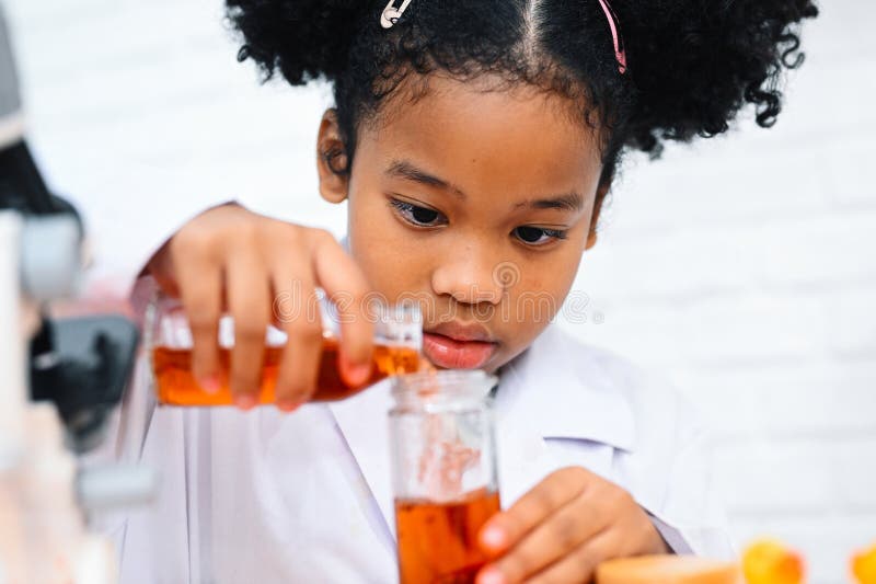 Child in Classroom at School, Kid Dressed Science Lab Coat. Science ...