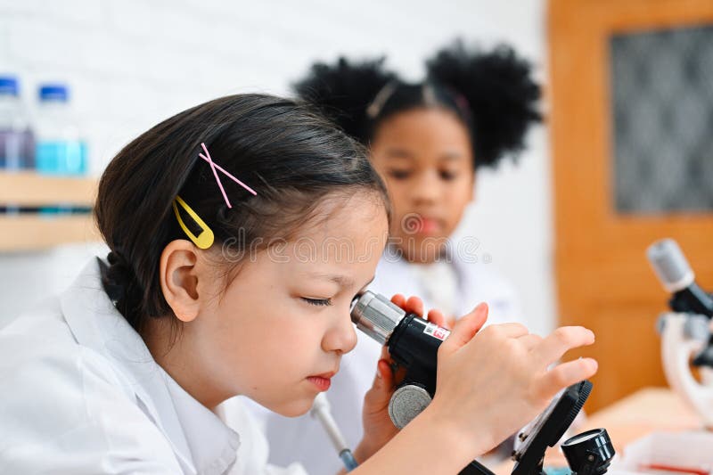 Child in Classroom at School, Kid Dressed Science Lab Coat. Science ...