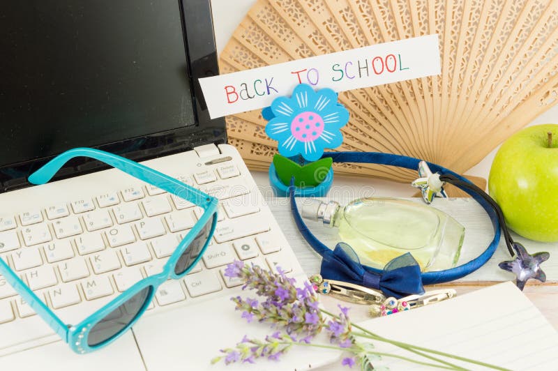 Back To School, Laptop and Girl Accessories Stock Image - Image of bash ...
