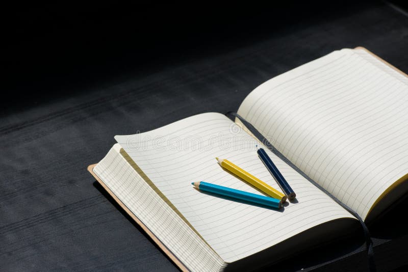 Back To School Noteblock Crayon Pencil Color Blue Yellow Notebook Stock ...