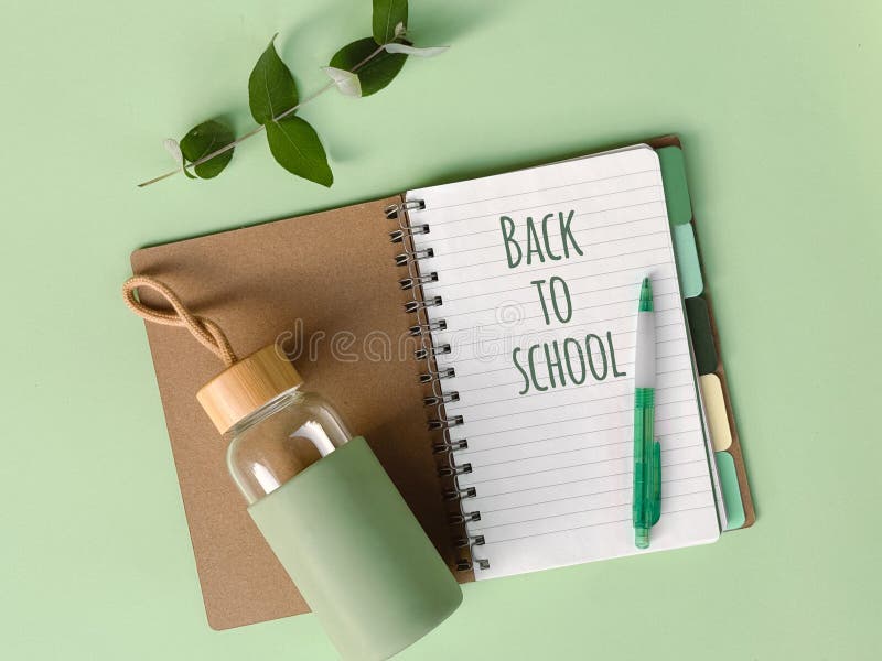 Back To School Notebook with Pen and Leaf on Green Background Stock ...
