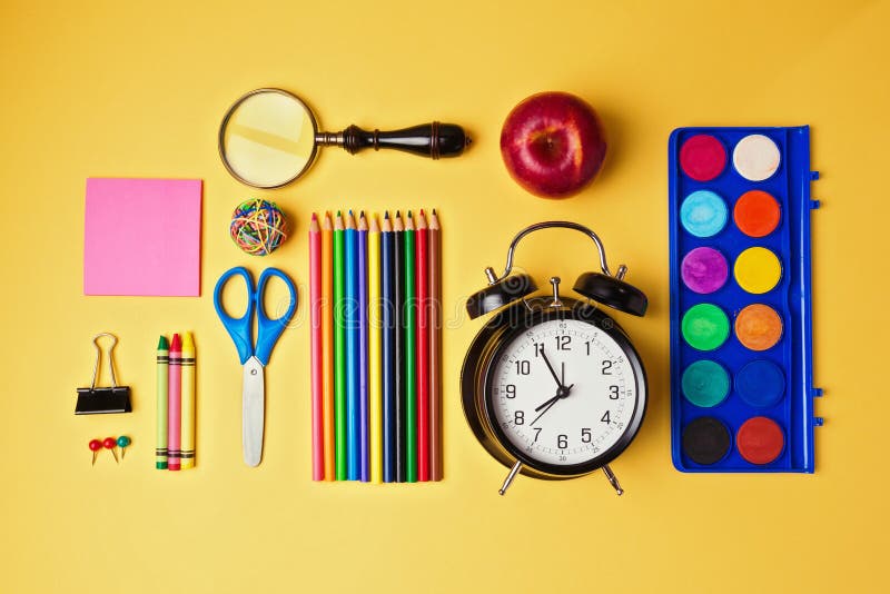 School Objects Desk Over Pink with Copy Space Stock Image - Image of ...