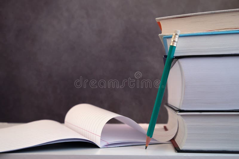 Back To School. Open Notebook about with Books and Green Pencil Stock ...