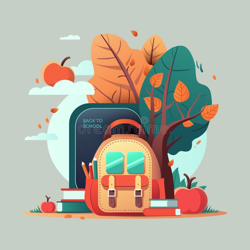 Back To School Poster with a Backpack, Autumn Trees and Books, Vector ...