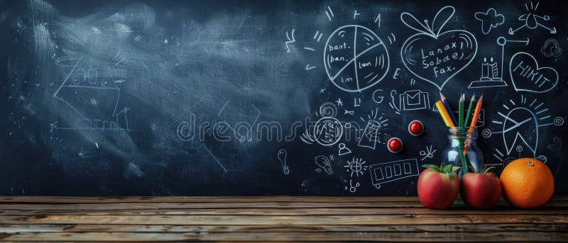 Back To School: a Rustic Wooden Desk with Chalkboard and Fruit Stock ...