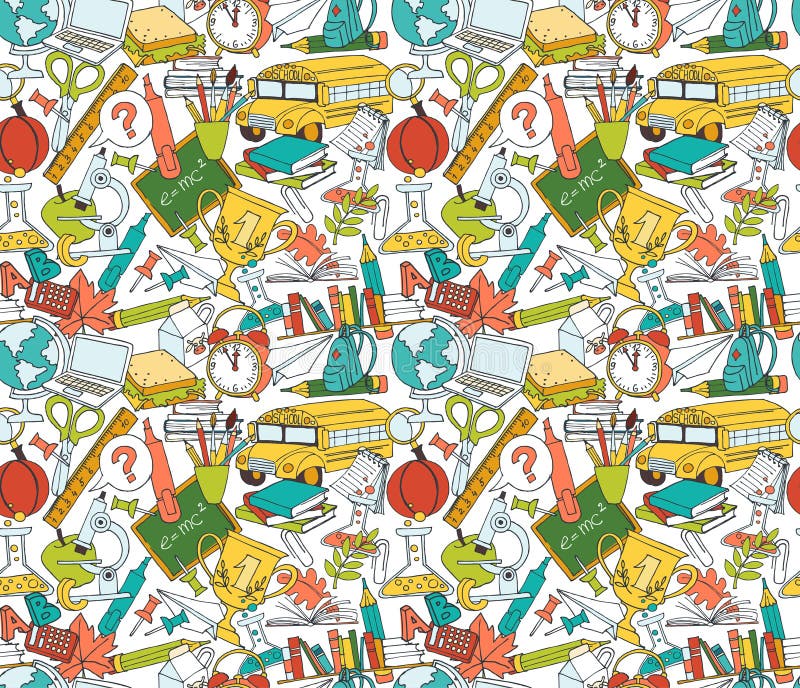 Back To School Seamless Pattern of Kids Doodles with Bus, Books Stock ...