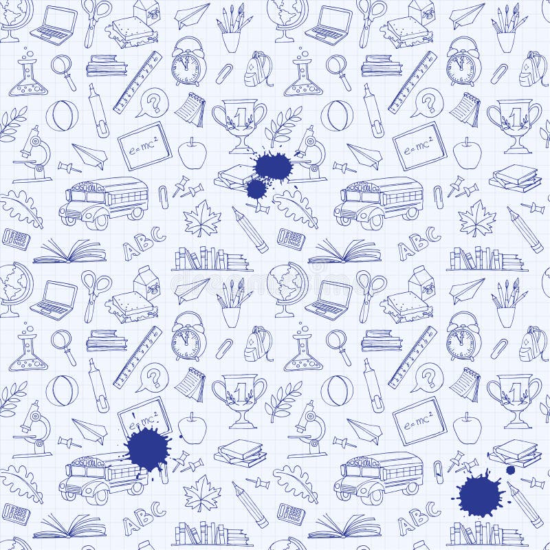 Back To School Seamless Pattern of Kids Doodles with Bus, Books, Stock ...