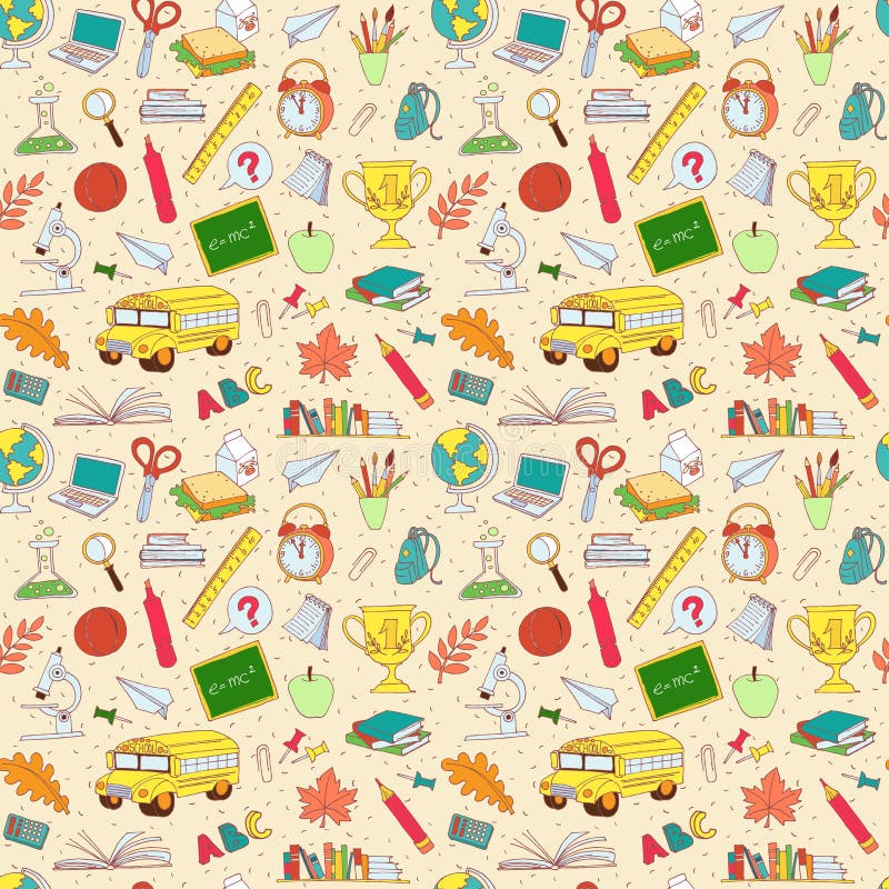 Back To School Seamless Pattern of Kids Doodles with Bus, Books, Stock ...