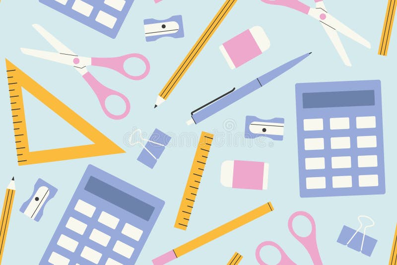 Back To School Seamless Pattern with Pen, Scissors, Calculator, Eraser ...