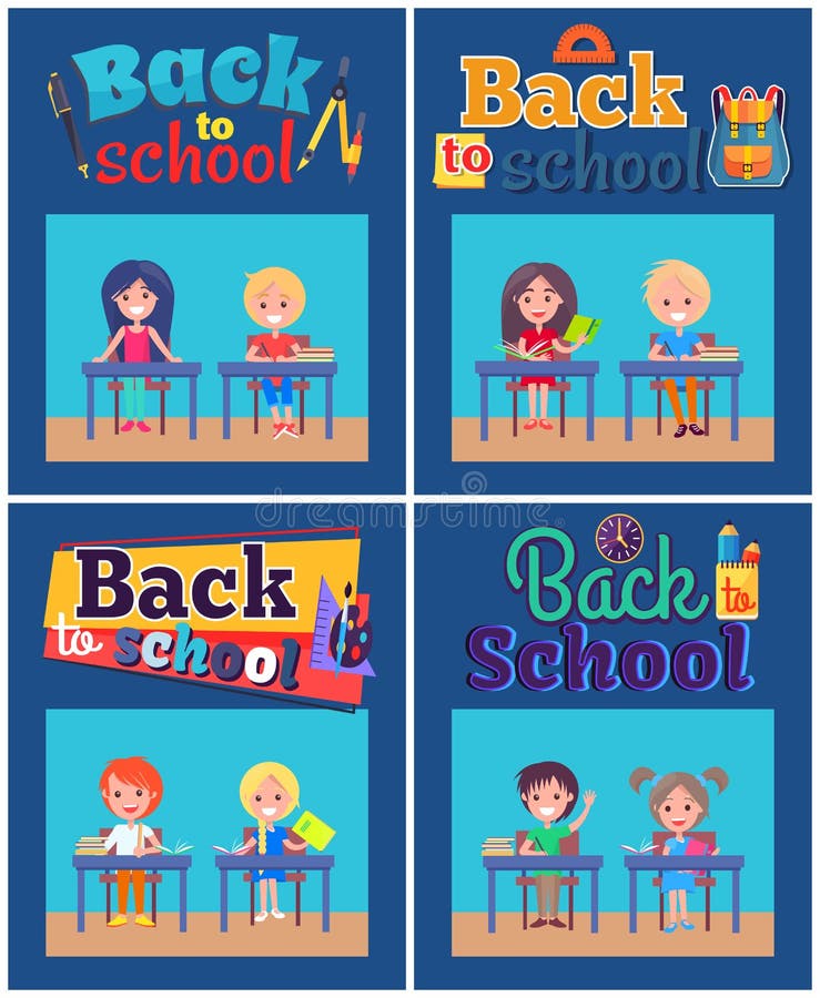 Back To School Set of Posters with Pupils at Desks Stock Vector ...