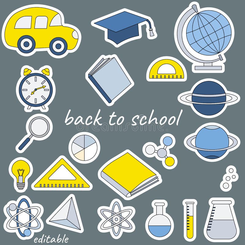 Back To School. Set of School Stickers with Globe, Bus and Planet Stock ...
