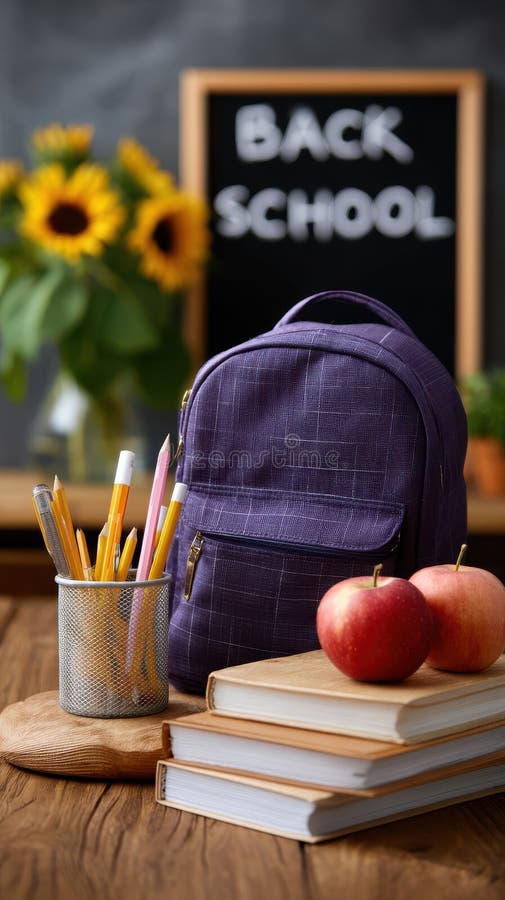 Back To School Setup with Backpack Pencils Books and Apples ...