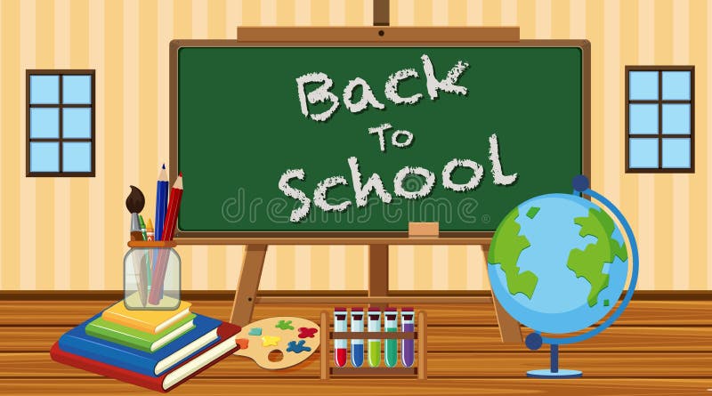 Back To School Sign in Classroom with School Equipments Stock ...
