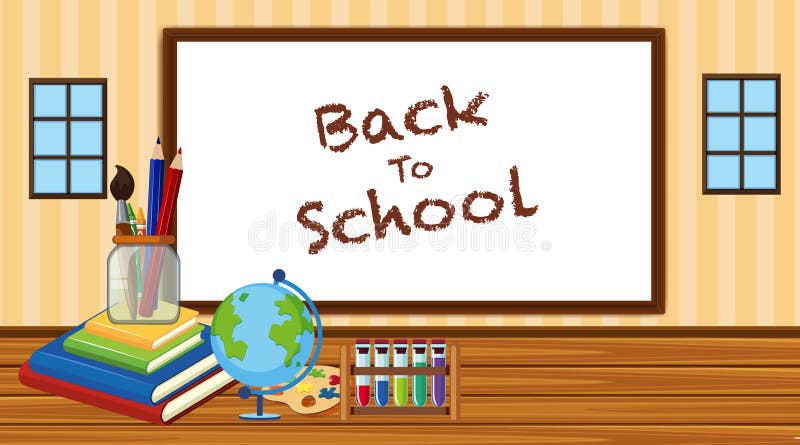 Back To School Sign in Classroom with School Equipments Stock ...