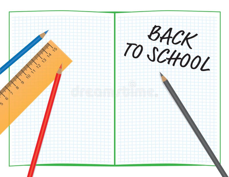 Back To School Sign on Math Notebook, Color Pencils and Orange Ruler ...
