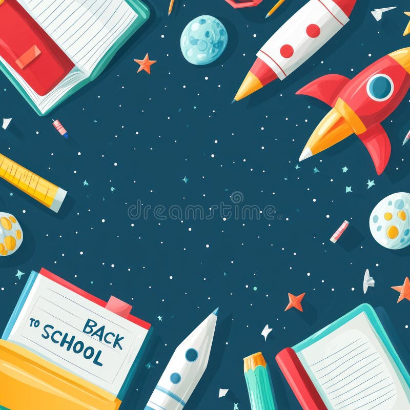 Back To School Space Illustration - Rockets, Planets, and Notebooks ...