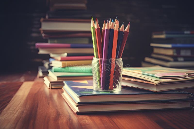 Back To School, Stack of Books with Pencils on the Table Stock ...