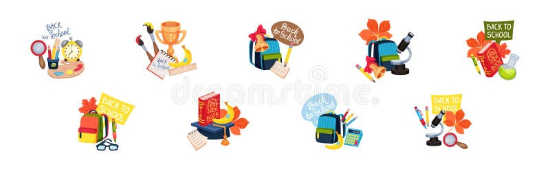 Back To School with Stationery Object Vector Composition Set Stock Vector - Illustration of ...