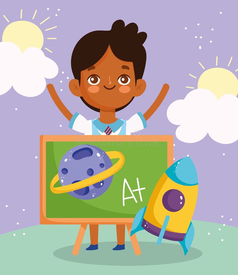 Back To School, Student Boy Chalkboard Rocket Planet Elementary ...