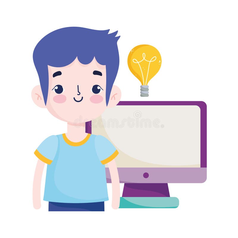 Back To School, Student Boy Computer Elementary Education Cartoon Stock ...