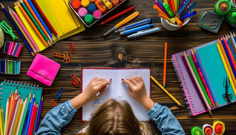 Back To School, a Student Studying with Colorful Supplies Stock ...