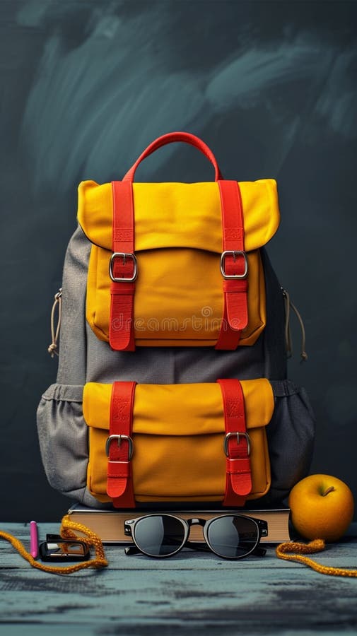 Back To School Style Backpack and Sunglasses on Grey Background Stock ...