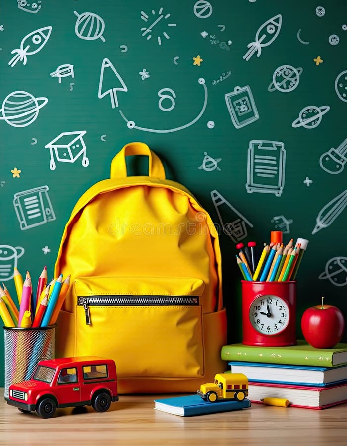 Back To School Supplies with Backpack, Pencil Case, and Toys. Stock ...