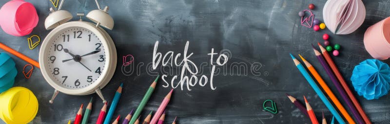 Back To School Supplies on Blackboard with Clock and Colorful ...