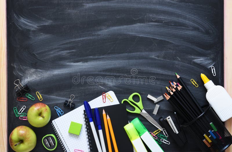 Back To School. School Supplies on the Blackboard. Layout of School ...