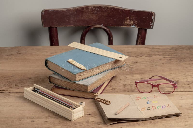 Back To School Template with Books and Pencils on Table in a Class ...